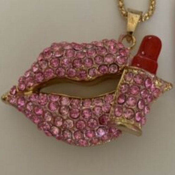 Jewelry | Rhinestone Lips Lipstick Necklace | Poshmark